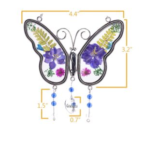 Laraine Butterfly Suncatcher with Pressed Colourful Flower Wings Mom Mother's Day Butterfly Glass Wind Chime Ornament Charm with Metal Heart Gifts for Mom Grandma Birthday (Purple Grandma)