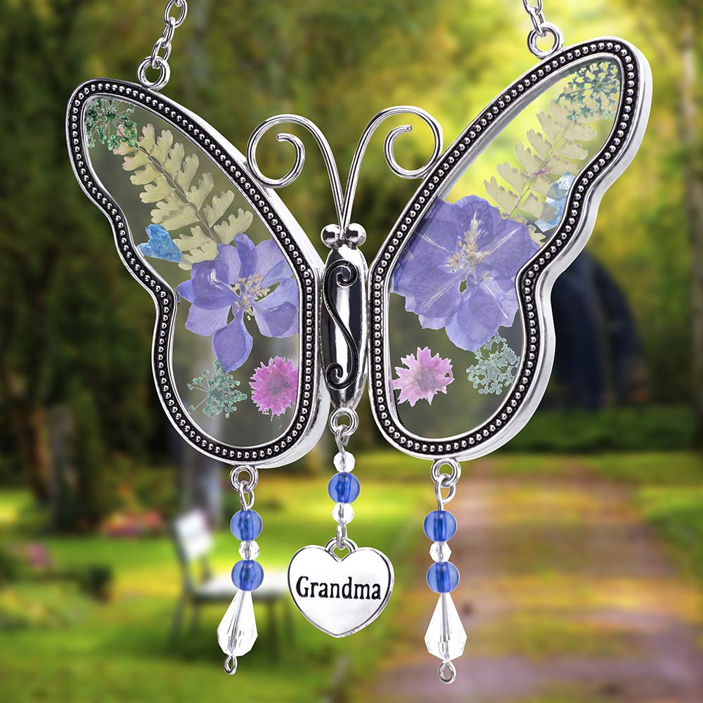 Laraine Butterfly Suncatcher with Pressed Colourful Flower Wings Mom Mother's Day Butterfly Glass Wind Chime Ornament Charm with Metal Heart Gifts for Mom Grandma Birthday (Purple Grandma)