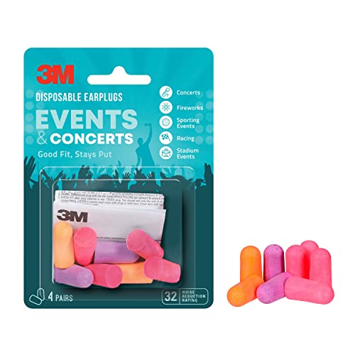 3M Disposable Earplugs, Hearing Protection for Events & Concerts, Mutli-Color, 32 NRR, 4-Pairs