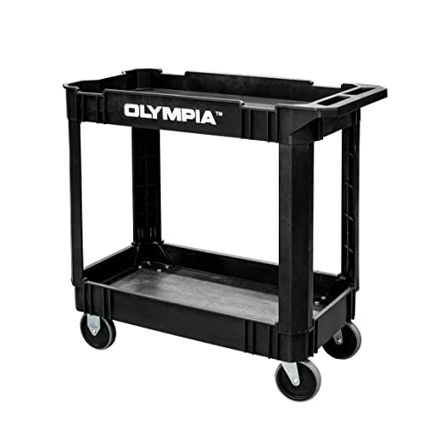 Olympia Tools 2-Shelf Plastic Utility Cart, Heavy Duty, Supports Up to 500 lbs, Ergonomic Handle, Great for Warehouse, Garage, Manufacturing, Cleaning