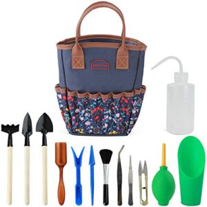 g good gain garden succulent kit with organizer bag, indoor mini hand gardening tool set, 14 pieces tools for bonsai planter miniature fairy planting care.(blue)