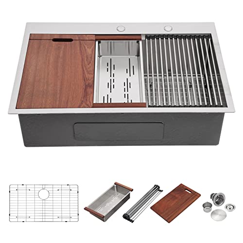 Mocoloo Stainless Steel Drop In Kitchen Sinks 28 x 22 Inch Single Bowl Kitchen Sink Ledge Workstation Topmount 16 Gauge All In One 10" Deep Sinks