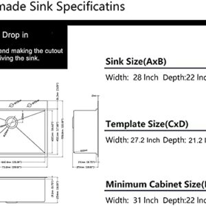 Mocoloo Stainless Steel Drop In Kitchen Sinks 28 x 22 Inch Single Bowl Kitchen Sink Ledge Workstation Topmount 16 Gauge All In One 10" Deep Sinks