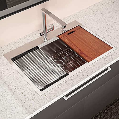 Mocoloo Stainless Steel Drop In Kitchen Sinks 28 x 22 Inch Single Bowl Kitchen Sink Ledge Workstation Topmount 16 Gauge All In One 10" Deep Sinks