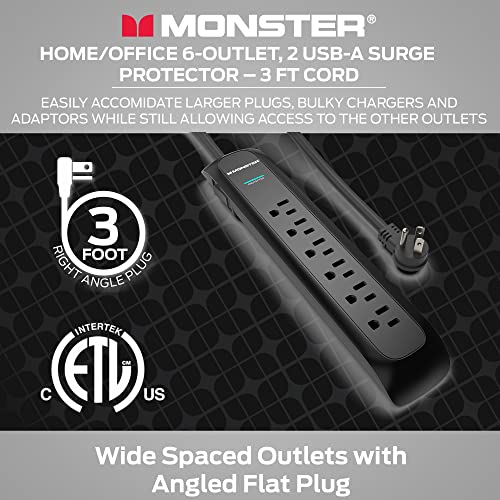 Monster 3ft Black Power Strip and Tower Surge Protector, Heavy Duty Protection, 300 Joule Rating and 6 120V-Outlets - Ideal for Computers, Home Theatre, Home Appliances, and Office Equipment