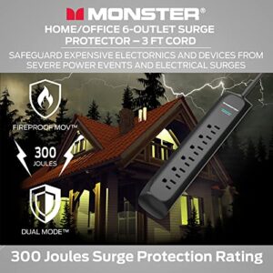 Monster 3ft Black Power Strip and Tower Surge Protector, Heavy Duty Protection, 300 Joule Rating and 6 120V-Outlets - Ideal for Computers, Home Theatre, Home Appliances, and Office Equipment