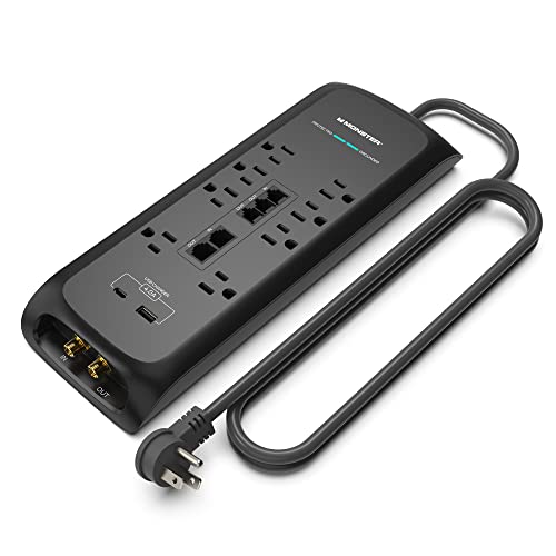 Monster Black Heavy Duty Surge Protector Power Strip 6 ft Cord with 8 120V-Outlet Extension, 2 Ethernet Switch Ports, 4050J Rating, 1 USB-A, and 1 USB-C Charging Ports – Ideal for Computers and Office