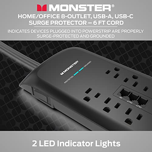 Monster Black Heavy Duty Surge Protector Power Strip 6 ft Cord with 8 120V-Outlet Extension, 2 Ethernet Switch Ports, 4050J Rating, 1 USB-A, and 1 USB-C Charging Ports – Ideal for Computers and Office