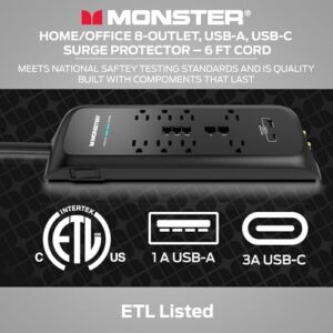 Monster Black Heavy Duty Surge Protector Power Strip 6 ft Cord with 8 120V-Outlet Extension, 2 Ethernet Switch Ports, 4050J Rating, 1 USB-A, and 1 USB-C Charging Ports – Ideal for Computers and Office