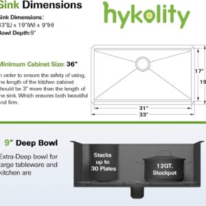 Hykolity 33-inch Undermount Workstation Kitchen Sink, 16 Gauge Single Bowl Stainless Steel Kitchen Sink with Integrated Ledge and Accessories