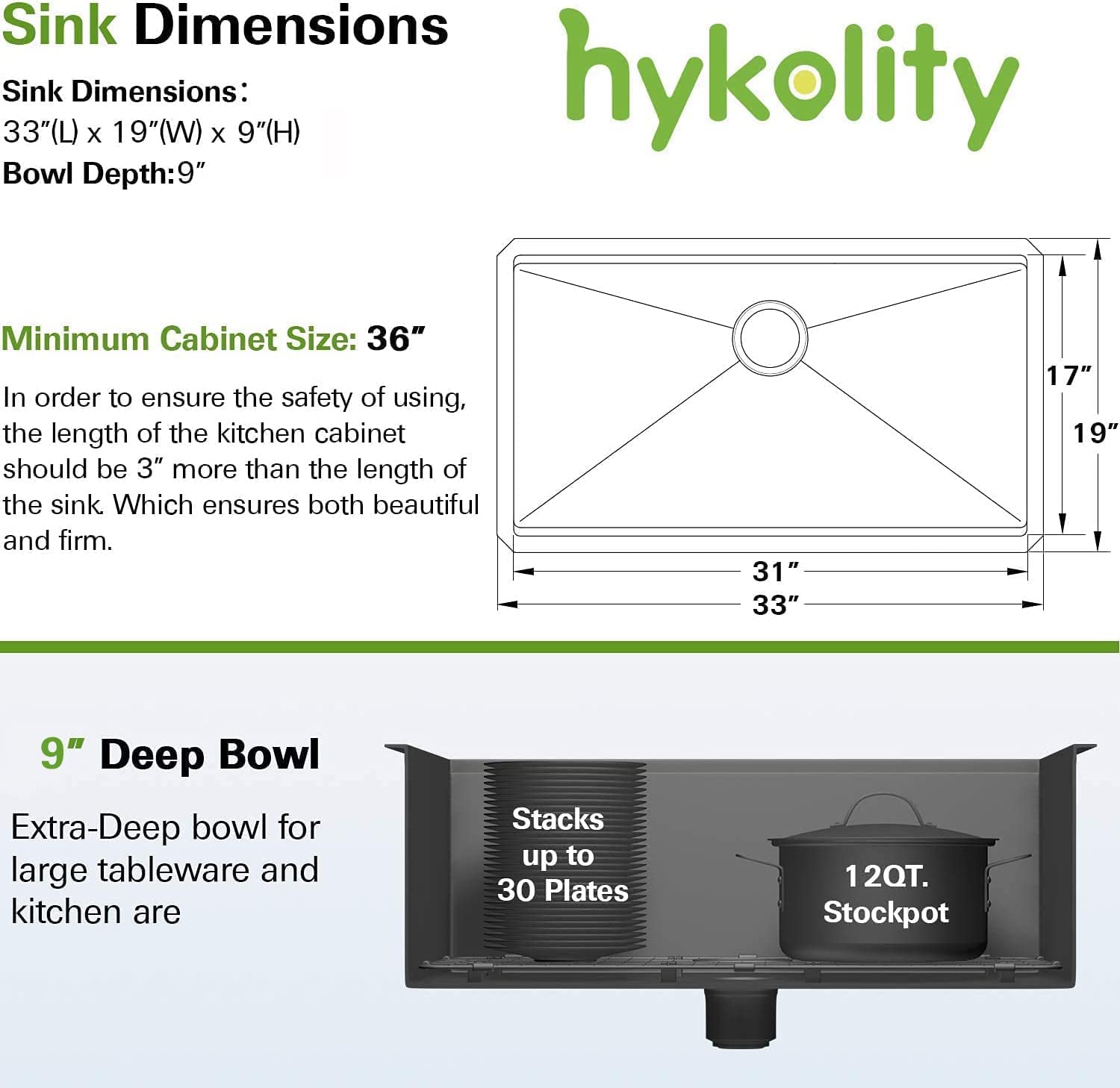 Hykolity 33-inch Undermount Workstation Kitchen Sink, 16 Gauge Single Bowl Stainless Steel Kitchen Sink with Integrated Ledge and Accessories