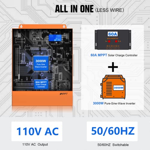 ECO-WORTHY All-in-one Solar Hybrid Charger Inverter Built in 3000W 24V Pure Sine Wave Power Inverter and 60A MPPT Solar Controller for Off-Grid System