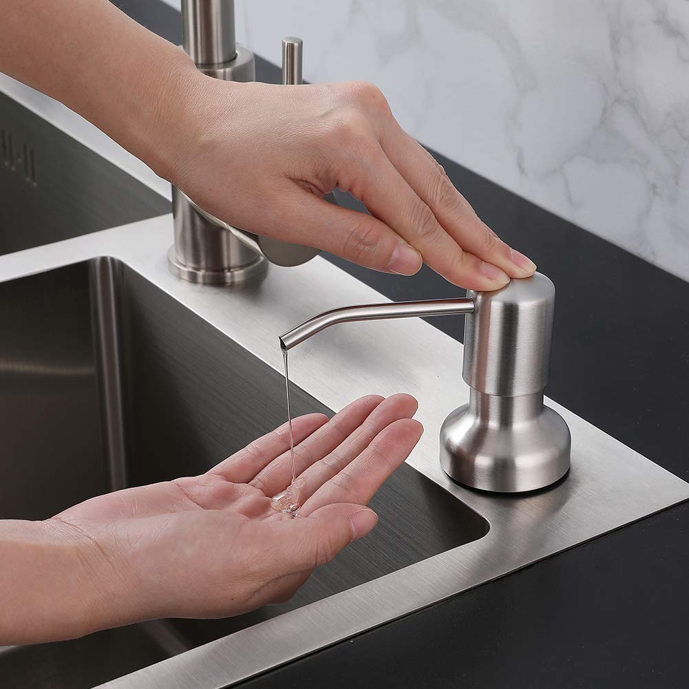 Brushed Nickel Soap Dispenser for Kitchen Sink,Refill from The Top, Built in Design for Counter Top with Refillable 500ml Liquid Soap Bottle