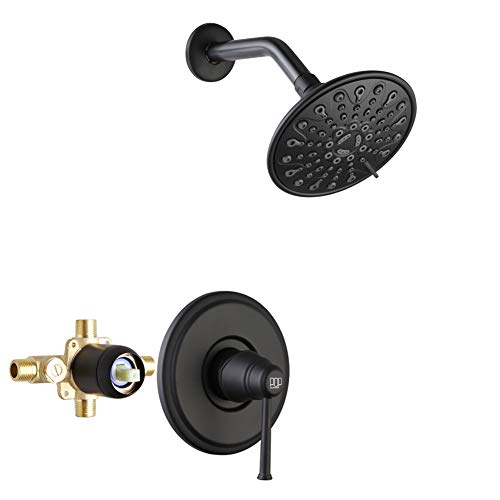 Matte Black Shower Faucet Set, Bathroom Rain Mixer Shower System with 6-Spray Shower Head Set, Wall Mounted Shower Fixtures Single Function Shower Trim Kit with Rough-in Valve