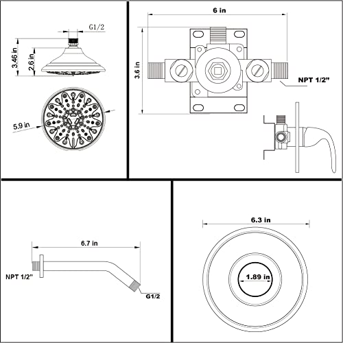 Matte Black Shower Faucet Set, Bathroom Rain Mixer Shower System with 6-Spray Shower Head Set, Wall Mounted Shower Fixtures Single Function Shower Trim Kit with Rough-in Valve