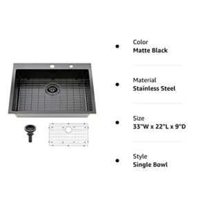 Friho 33"x 22" Inch 18 Gauge Commercial Large Topmount Drop in Single Bowl Basin Handmade SUS304 Stainless Steel Kitchen Sink, Black Kitchen Sinks with Basket Strainer and Dish Grid