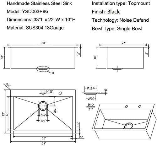 Friho 33"x 22" Inch 18 Gauge Commercial Large Topmount Drop in Single Bowl Basin Handmade SUS304 Stainless Steel Kitchen Sink, Black Kitchen Sinks with Basket Strainer and Dish Grid