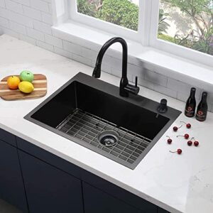 Friho 33"x 22" Inch 18 Gauge Commercial Large Topmount Drop in Single Bowl Basin Handmade SUS304 Stainless Steel Kitchen Sink, Black Kitchen Sinks with Basket Strainer and Dish Grid