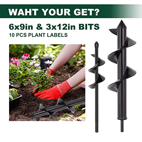 COMOWARE Garden Auger Spiral Drill Bit Set- 3'' x 12" and 1.6'' x 9" Rapid Planter for 3/8” Hex Drive Drill - for Tulips, Iris, Bedding Plants and Digging Weeds Roots, Post Hole Diggers