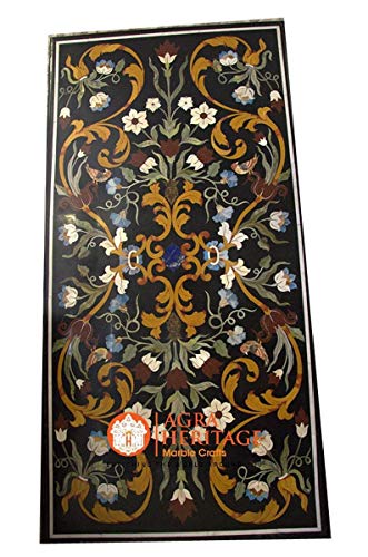 Marble Inlay Black 48"x22" Dining Table Top Marquetry Floral Art Living Room Decor