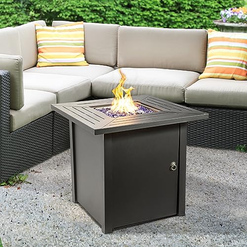 Teamson Home 40,000 BTU Square Outdoor Fire Pit Table Outside Propane Gas Firepit with Steel Tabletop and Base, 11 Pounds Glass Rocks, Lid, and PVC Cover for Patio Deck Backyard, 30 Inch, Black