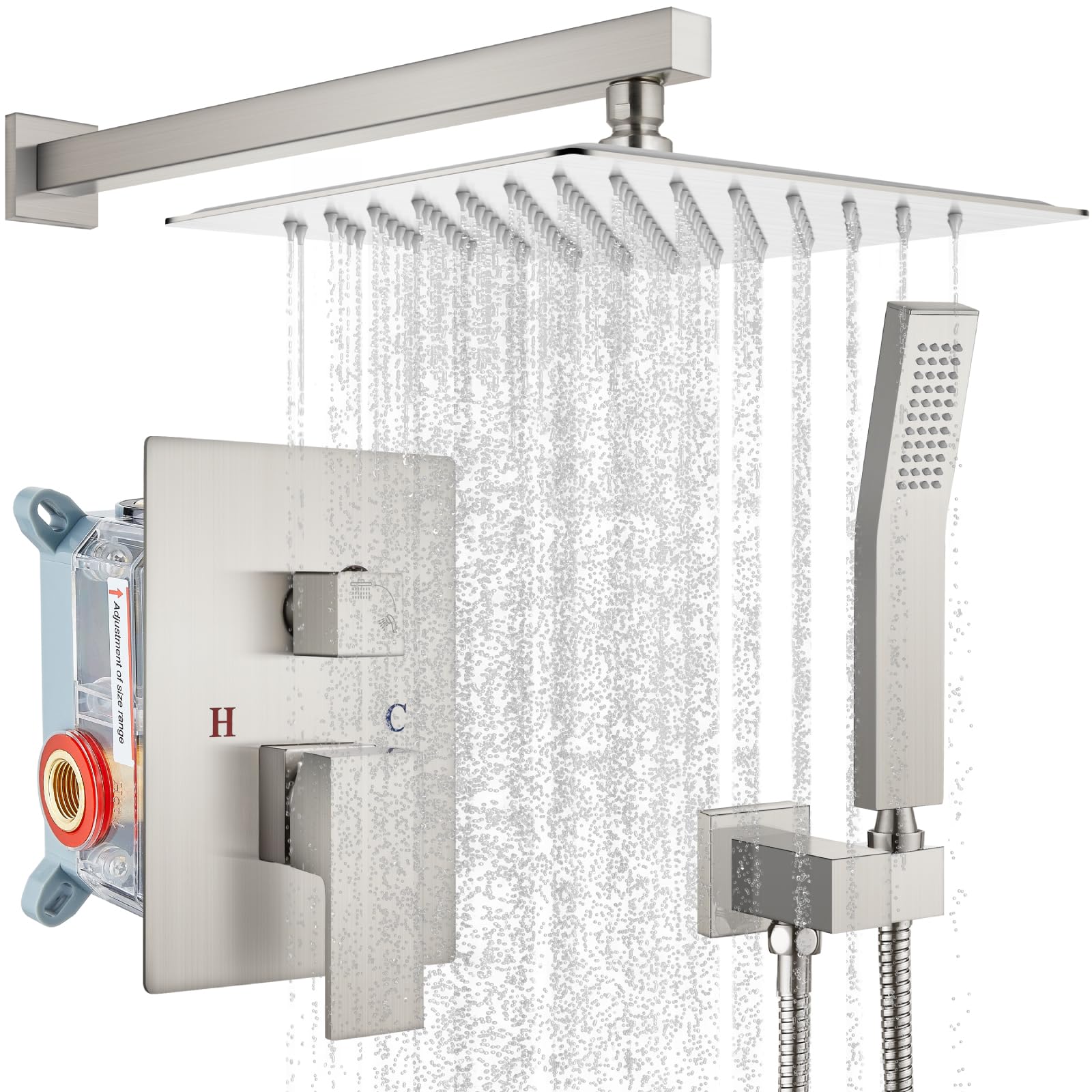 gotonovo 10" Rain Shower System Brushed Nickel Luxury High Pressure Shower Head Bathroom Shower Faucet Set Hand Held Spray Rough-in Valve and Shower Trim Included