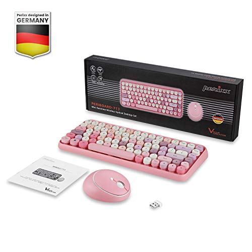 Perixx PERIDUO-713 Wireless Mini Keyboard and Mouse Combo, Retro Round Key Caps, Pastel Pink, US English Layout