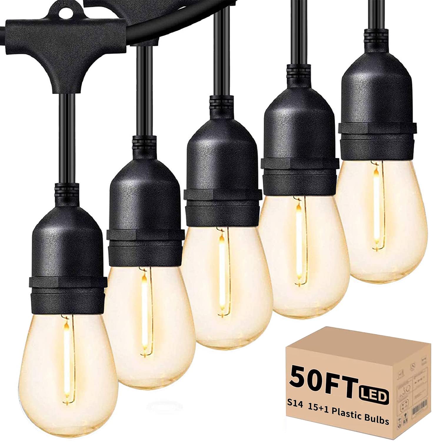 Svater Outdoor Led String Lights 50FT, Patio Lights with 16pcs S14 Shatterproof Bulbs, 1 Watt E26 Dimmable 2700K Warm White, IP65 Waterproof, Commercial Grade Lights