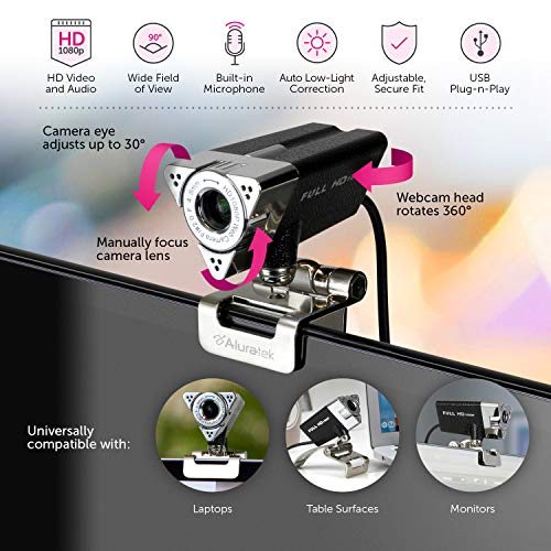 Aluratek HD 1080P Video Webcam for PC, MAC, Desktop & Laptop, Video Call, Conference, USB