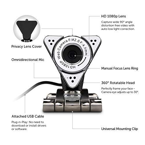 Aluratek HD 1080P Video Webcam for PC, MAC, Desktop & Laptop, Video Call, Conference, USB