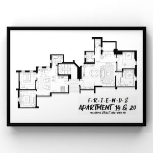 friends tv show apartment floor plan- friends tv show layout- wall decor floor plan-apartment of joey,chandler,monica and rachel