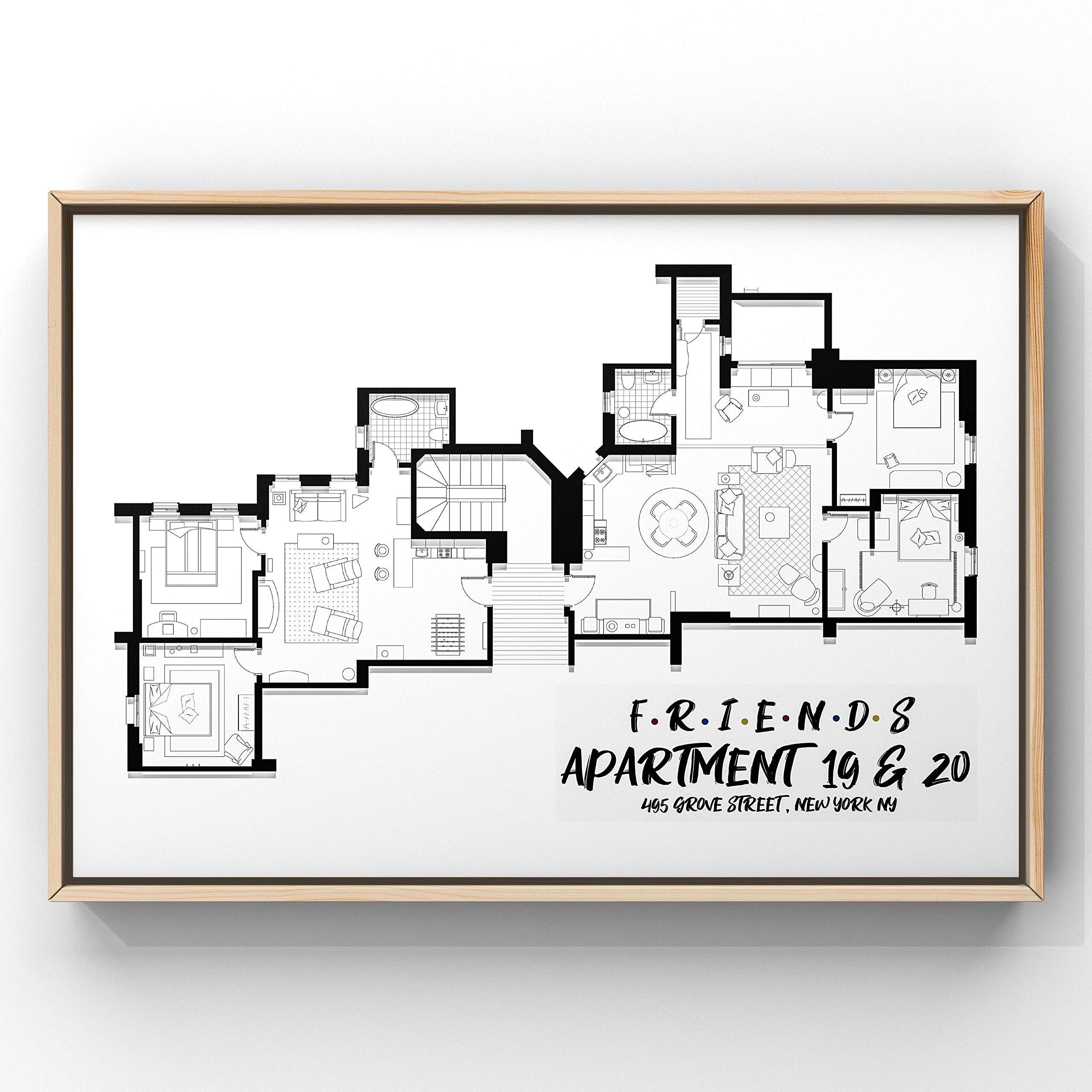 Friends TV Show Apartment Floor Plan- Friends TV Show Layout- Wall decor floor plan-Apartment of Joey,Chandler,Monica and Rachel