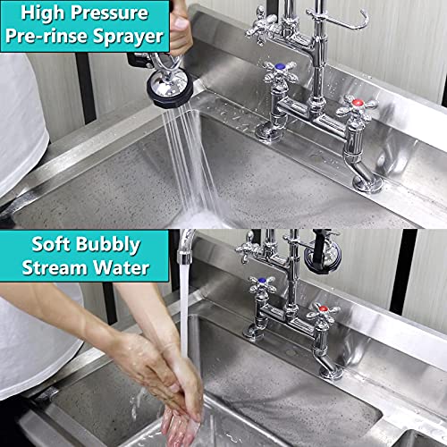 YooGyy Commercial Pre-Rinse Sprayer Faucet 4 to 8 Inch Adjustable Center Deck Mount 36’’ Height, Dual Hole Dual Handles with High Pressure Pull Down Spray Valve and 12’’ Add on Spout