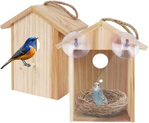 colorfullavie window bird house with strong suction cup and lanyard for outside - see through upgraded wooden birdhouse outdoors,bird nest transparent design for easy observation,best gift for kids