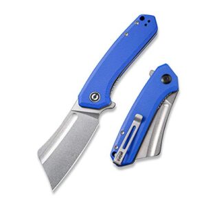 civivi mini bullmastiff pocket knife, stout cleaver style stonewashed blade, g10 handle,flipper open, liner lock,reversible deep carry pocket clip, everyday carry folding knife c2004b (blue)