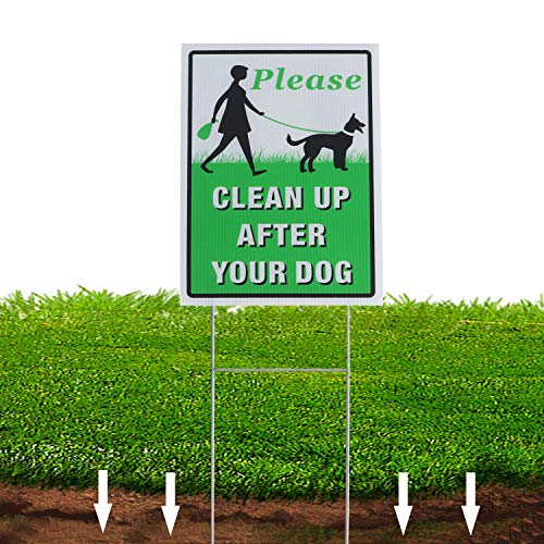 Please Clean Up After Your Dog 2 Pack, 12" x 9" Yard Sign with Metal Wire H-Stakes Included, No Pooping Dog Lawn Signs Double Sided