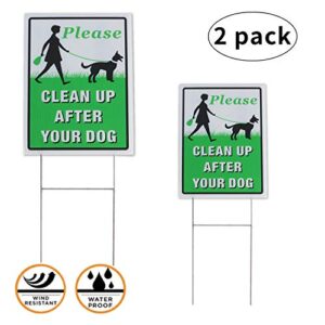 Please Clean Up After Your Dog 2 Pack, 12" x 9" Yard Sign with Metal Wire H-Stakes Included, No Pooping Dog Lawn Signs Double Sided