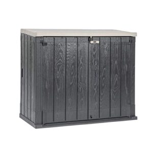 toomax stora way all weather outdoor extra large horizontal storage shed cabinet for garden tools, and yard equipment, taupe gray and anthracite