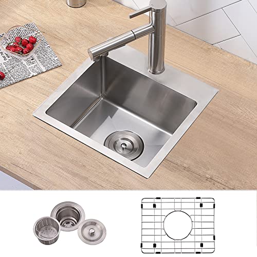 VCCUCINE Drop in Bar Sink, 15 x 15 Inch Topmount RV Small Kitchen Sink, Handmade Stainless Steel Wet Bar Sink, Outdoor Single Bowl, Brushed Nickel Prep Sink with Accessories