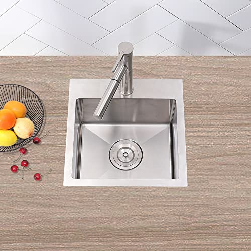 VCCUCINE Drop in Bar Sink, 15 x 15 Inch Topmount RV Small Kitchen Sink, Handmade Stainless Steel Wet Bar Sink, Outdoor Single Bowl, Brushed Nickel Prep Sink with Accessories