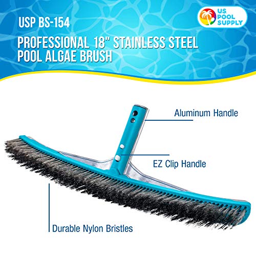 U.S. Pool Supply Professional 18" Stainless Steel Pool Brush with Heavy Duty Aluminum Handle, EZ Clips - Durable Wire Bristles, Scrub Remove Rust Stains on Concrete, Sweep Wall Floor Step Debris