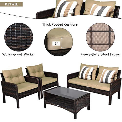 Tangkula 4 Piece Patio Furniture Set, Outdoor Wicker Conversation Set with Glass Top Coffee Table, All Weather Proof and Thick Cushions, Suitable for Porch, Garden, Poolside and Lawn (Brown)