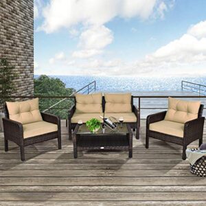 Tangkula 4 Piece Patio Furniture Set, Outdoor Wicker Conversation Set with Glass Top Coffee Table, All Weather Proof and Thick Cushions, Suitable for Porch, Garden, Poolside and Lawn (Brown)