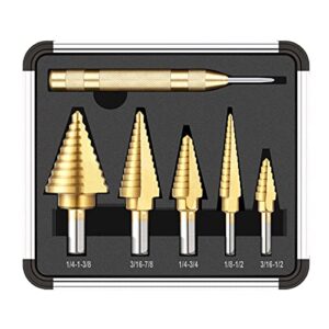 trepot 5pcs hss titanium step drill bit set & automatic center punch, high speed steel drill bits, double cutting blades design, 50 sizes with aluminum case, short length drill bits set