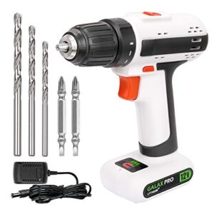 galax pro drill driver, lightweight 12v 2 speed cordless drill, maximum torque 25 n.m, 3/8 inch keyless chuck, streamlined design, with 6 accessories