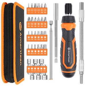 amartisan magnetic ratchet screwdriver set, 34-piece multi-bit ratchet screw drivers, slotted/philips/pozi/torx/hex