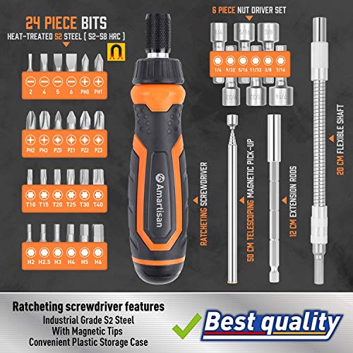 Amartisan Magnetic Ratchet Screwdriver Set, 34-Piece Multi-bit Ratchet Screw Drivers, Slotted/Philips/Pozi/Torx/Hex