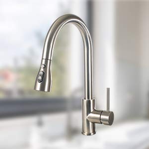 Kitchen Faucet with Pull Down Sprayer，Single Handle Kitchen Sink Faucet with Pull Out Sprayer，High Arc，Stainless Steel Kitchen Faucets with Deck Plate，Brushed Nickel KC-98001BS