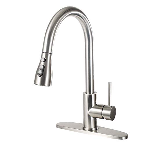 Kitchen Faucet with Pull Down Sprayer，Single Handle Kitchen Sink Faucet with Pull Out Sprayer，High Arc，Stainless Steel Kitchen Faucets with Deck Plate，Brushed Nickel KC-98001BS