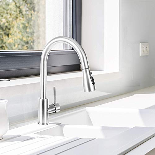 Kitchen Faucet with Pull Down Sprayer，Single Handle Kitchen Sink Faucet with Pull Out Sprayer，High Arc，Stainless Steel Kitchen Faucets with Deck Plate，Brushed Nickel KC-98001BS